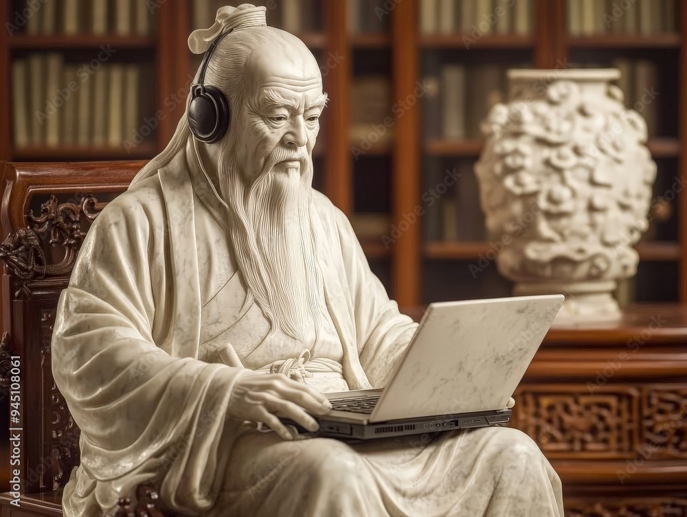 Ancient Wisdom Meets Modern Tech A marble statue of a wise man wearing ...