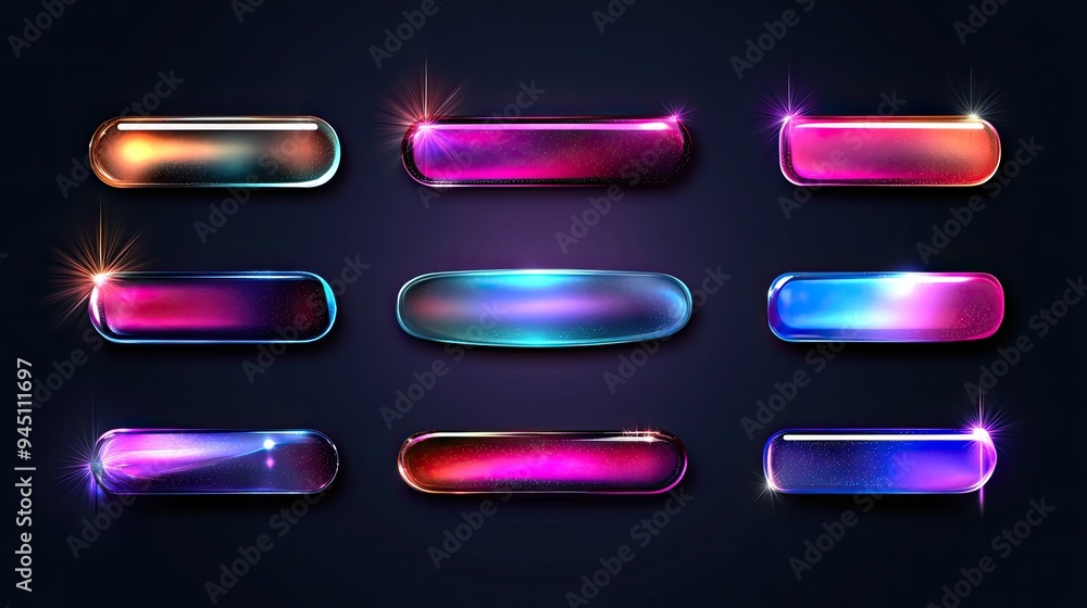 Vibrant and colorful glowing buttons in various shapes and sizes ...