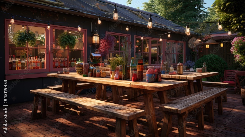 Cartoons of Outdoor dining area with a pergola and string lights ...