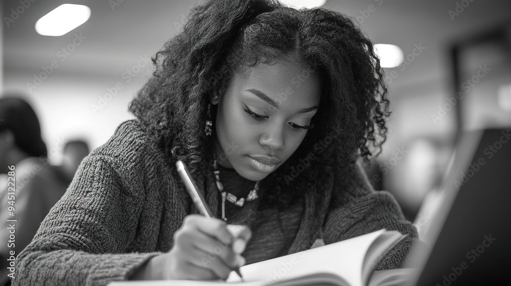 African American university student writing in her notebook while ...