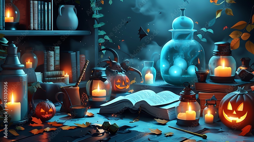 A vibrant "Hocus Pocus" scene in paper craft style, featuring magical ...