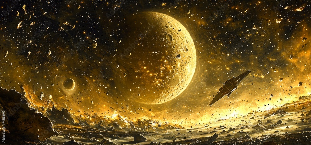 Celestial exploration with the moon and distant planets, spacecraft ...