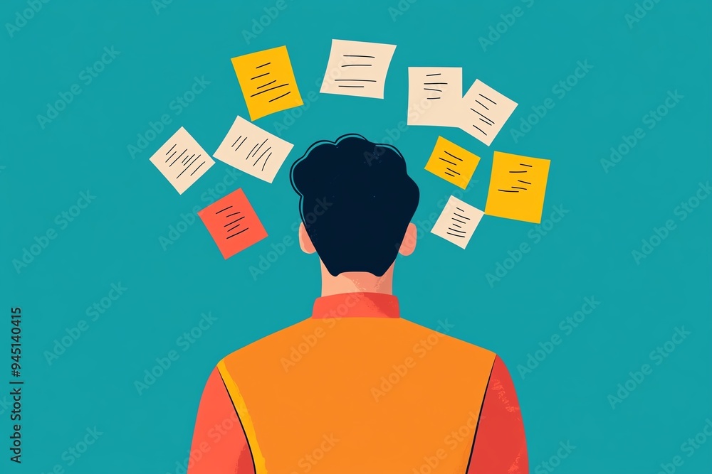 Illustration of a person from behind with floating notes, representing ...