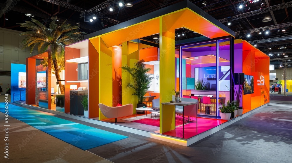 A vibrant trade show booth with eye-catching displays and interactive ...