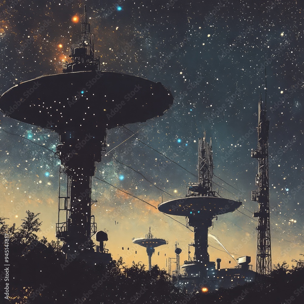 Satellite links to telecommunication cell towers, with signals relayed ...