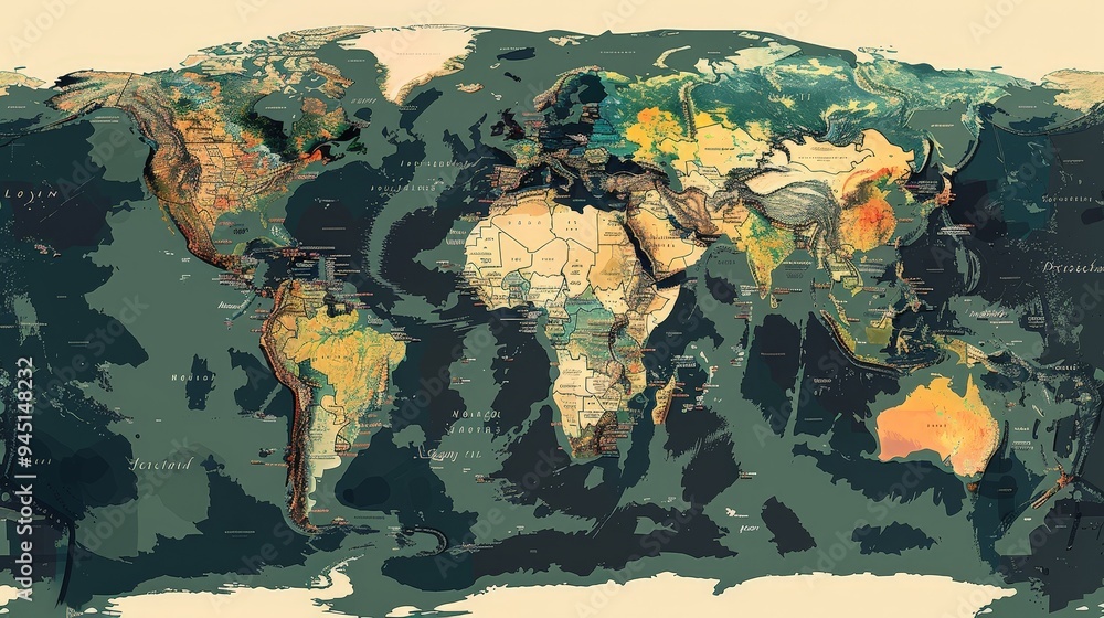 A world map overlayed with demographic data. The map displays ...