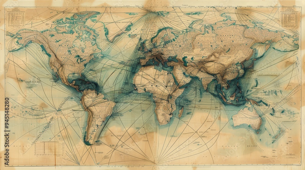 A world map showcasing global trade routes. The map features major ...