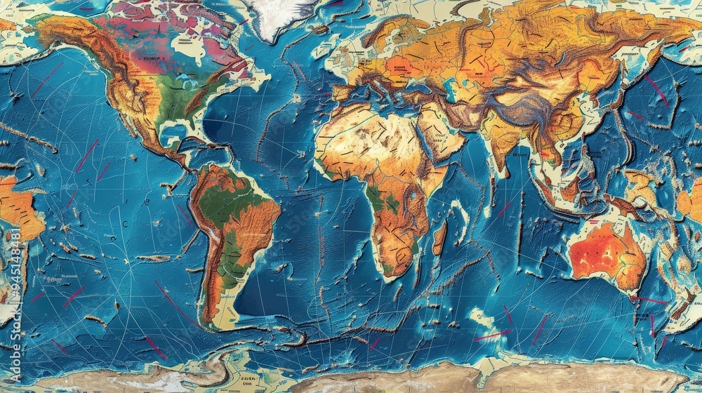 A world map showing major tectonic plates and earthquake zones. The map ...