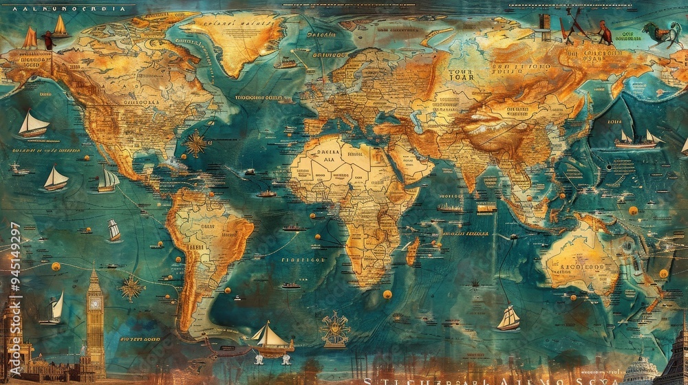 A world map with highlighted historical landmarks and ancient ...