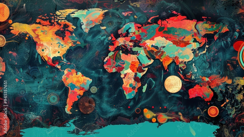 An artistic world map featuring vibrant, abstract colors and shapes ...