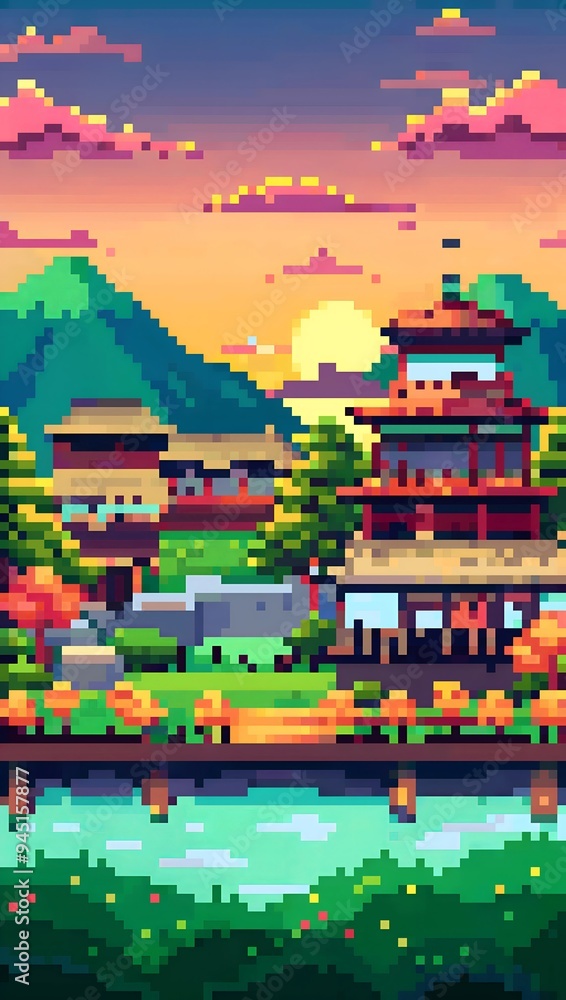 Japanese village pixel art background. 8-bit game assets Stock ...