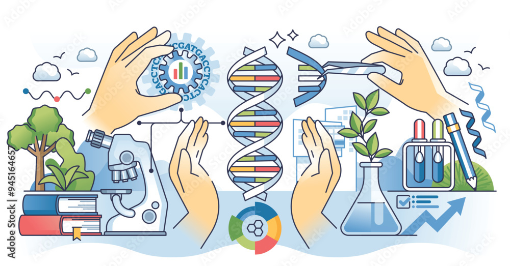 Genetic engineering and DNA helix genome sequencing outline hands ...