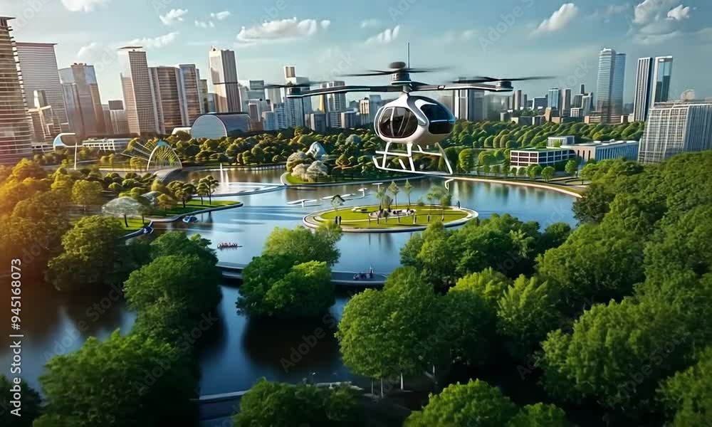 A drone glides above a lush park in a bustling city, highlighting the ...
