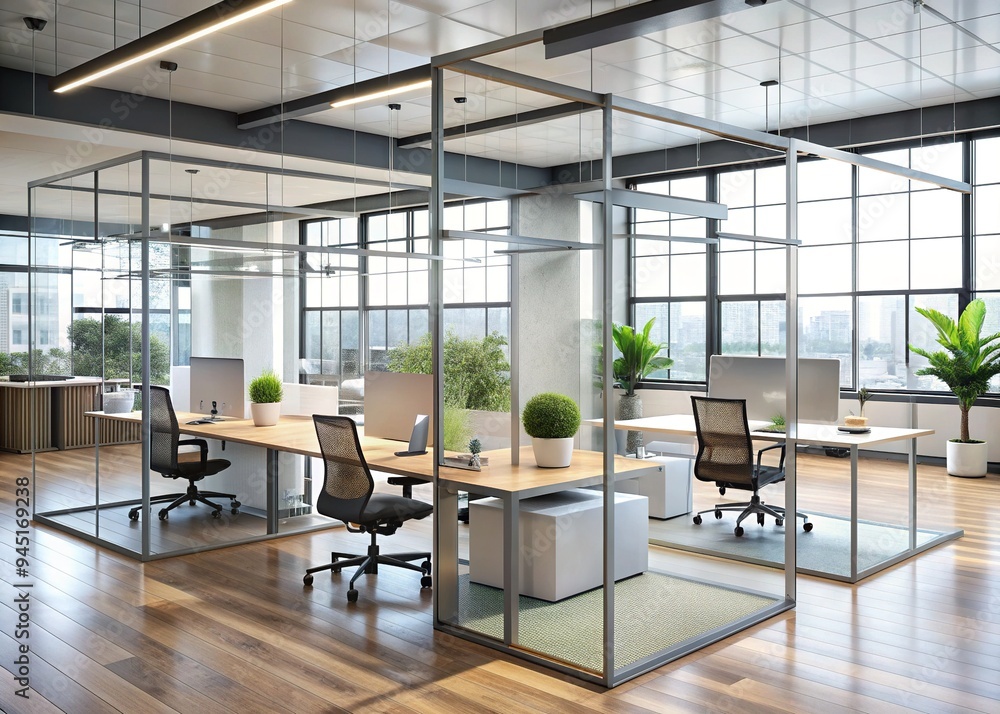 Clear transparent partitions stand upright on a modern office floor ...