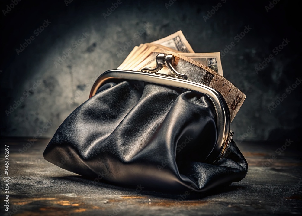 moody close-up of black satin evening purse with euros spilling out on ...