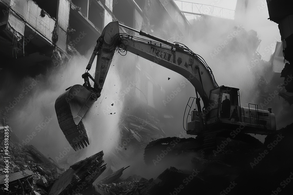 The excavator's arm smashes into the building, causing large chunks to ...