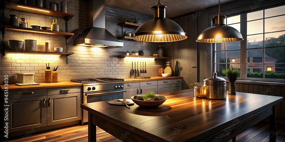 moody nighttime dramatic shadows cluttered kitchen countertops with ...