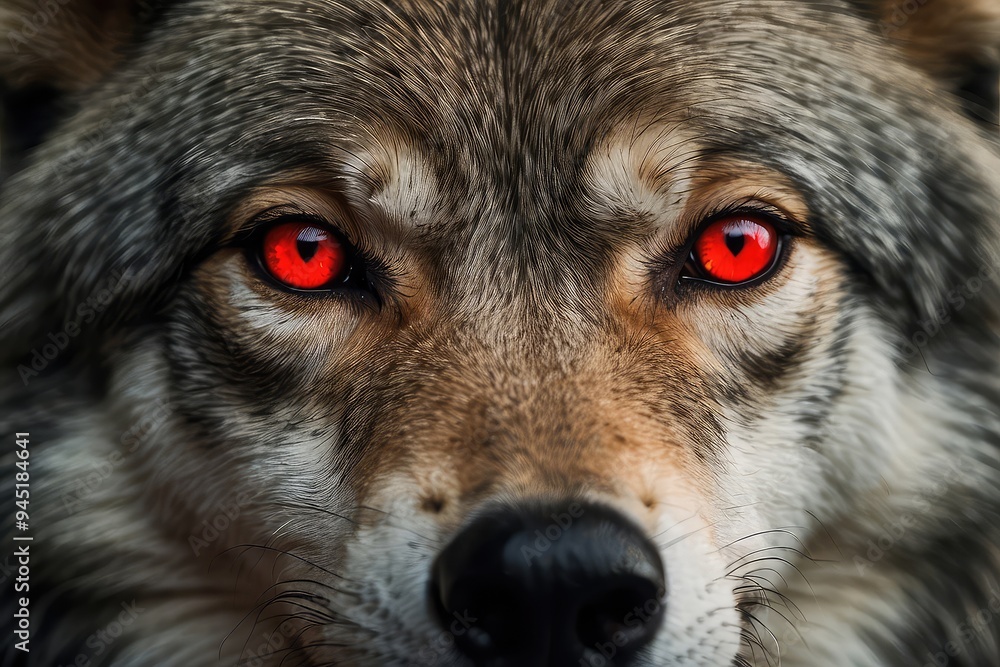 scary wolf with red eyes in a gloomy night forest shrouded in mist ...