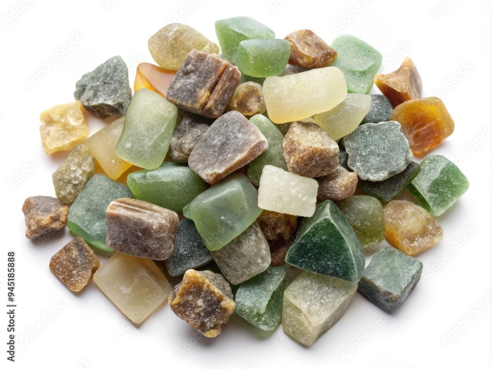 Mosaic of gray, green, and brown mastic gum resin fragments on a crisp ...