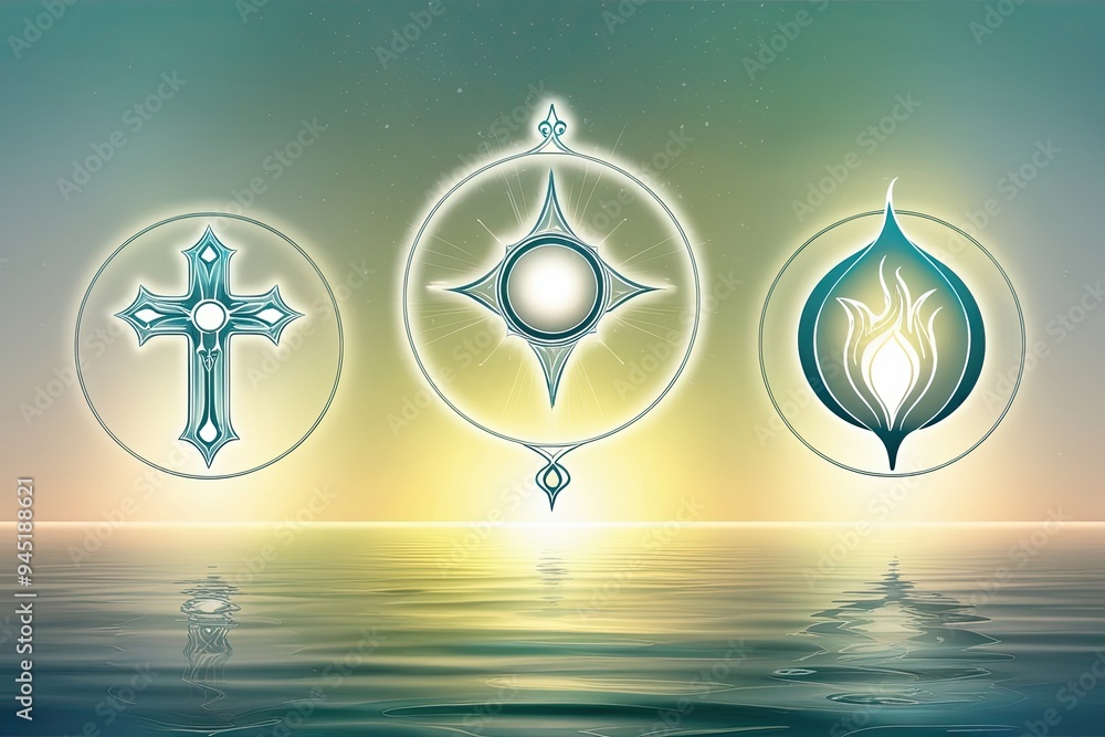 Ethereal Trio Vector Art Featuring Cross Orb and Flame Symbols on ...