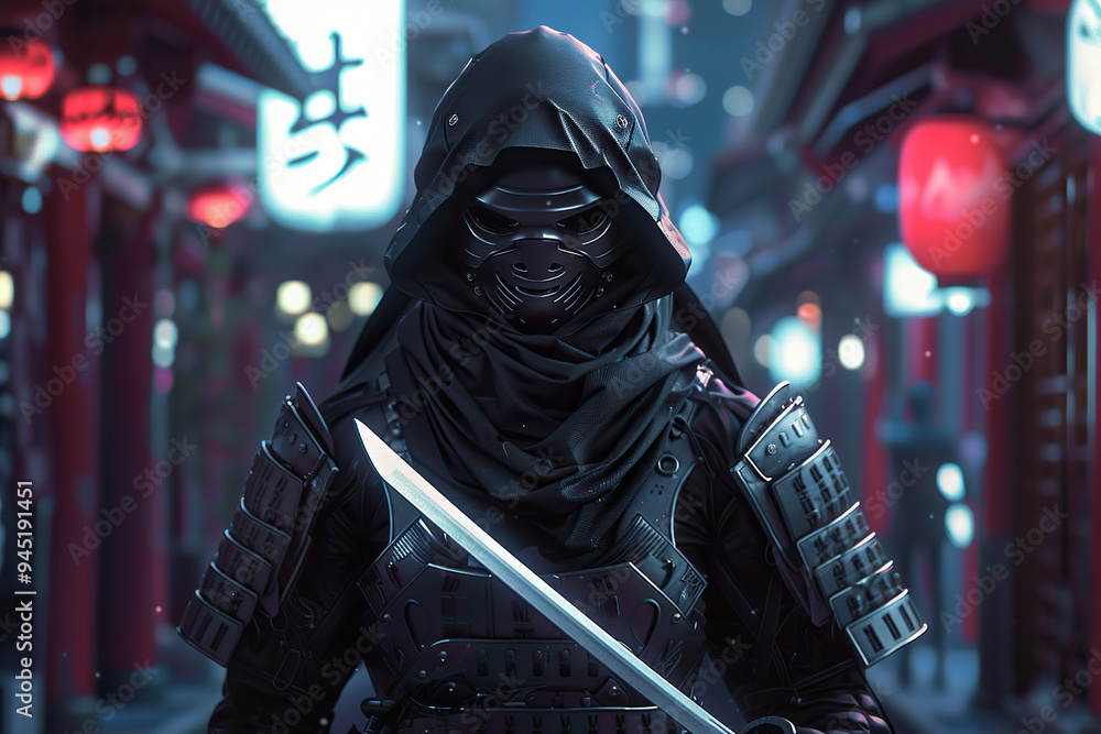 Japanese ninja warrior dressed in samurai clothes holding a sharp sword ...