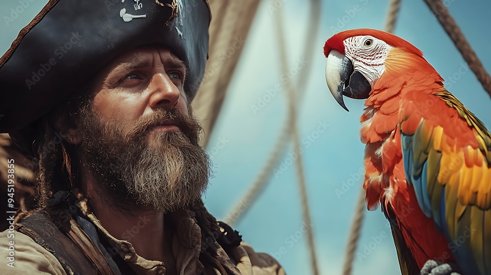 Bold Pirate Captain with Parrot Gazing at Sea on Ship's Deck ...