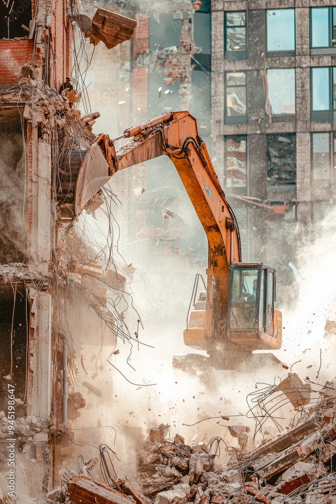 The excavator’s bucket crushes the building, causing parts of it to ...