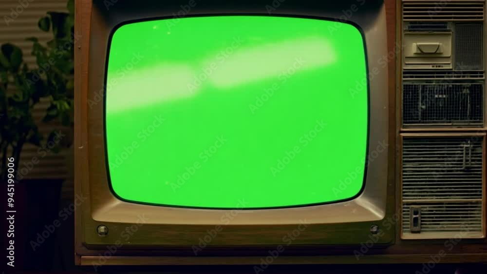 Retro vintage television. Close Up Footage of a Dated TV Set with Green ...
