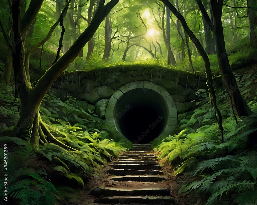 Round tunnel under a green bridge covered with plants and leaves with ...