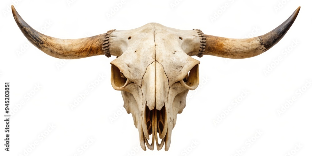A majestic cow head skull with curved horns rises from a sea of white ...