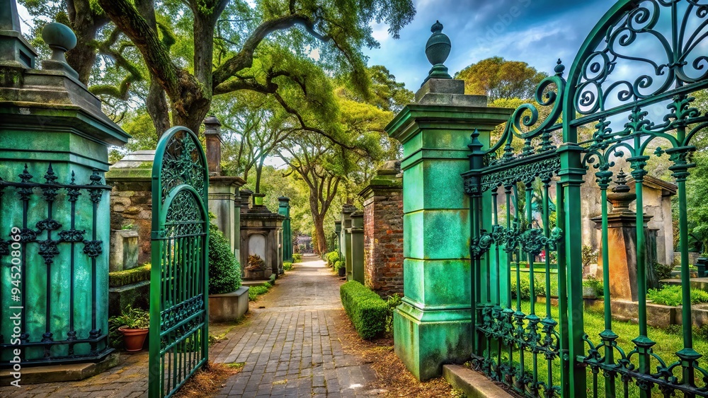9. A historic cemetery entrance with Charleston Green gates, adorned ...