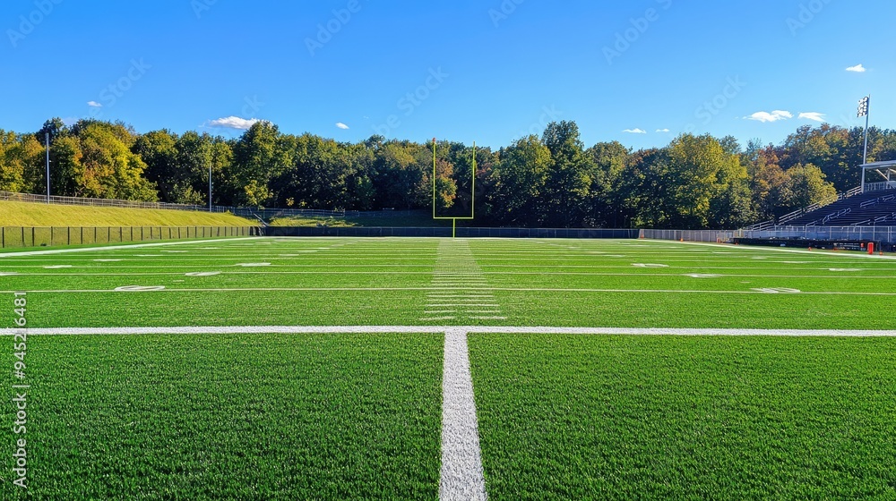 A football field viewed from the end zone, with a clear view of the ...