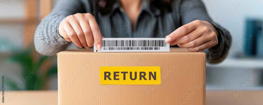 Preparing a return package, person affixes a barcode label on a ...
