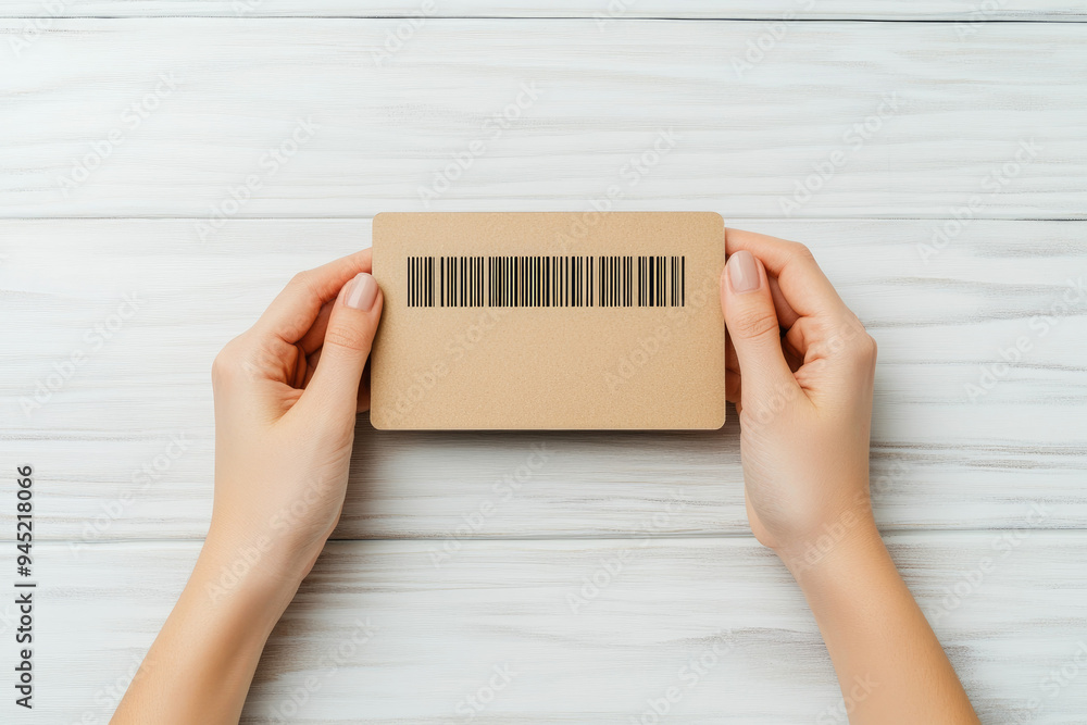 Hands holding a plain cardboard card with a barcode, placed on a light ...