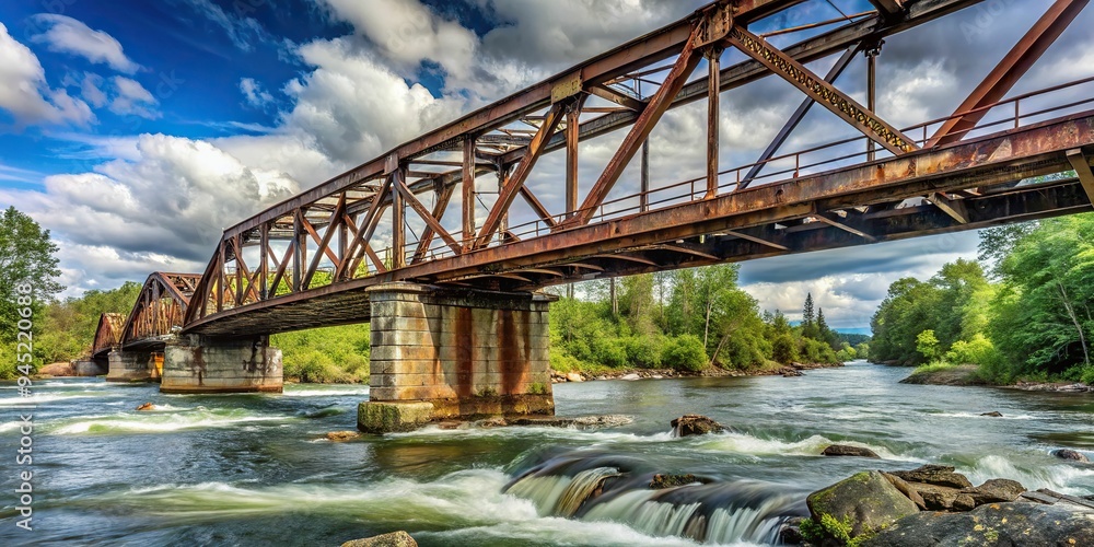 10. A dilapidated metal bridge with rusting support beams and crumbling ...