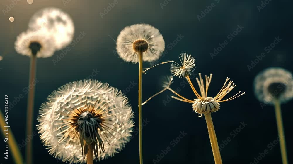 Video footage of close up view of several dandelion seed heads, with ...