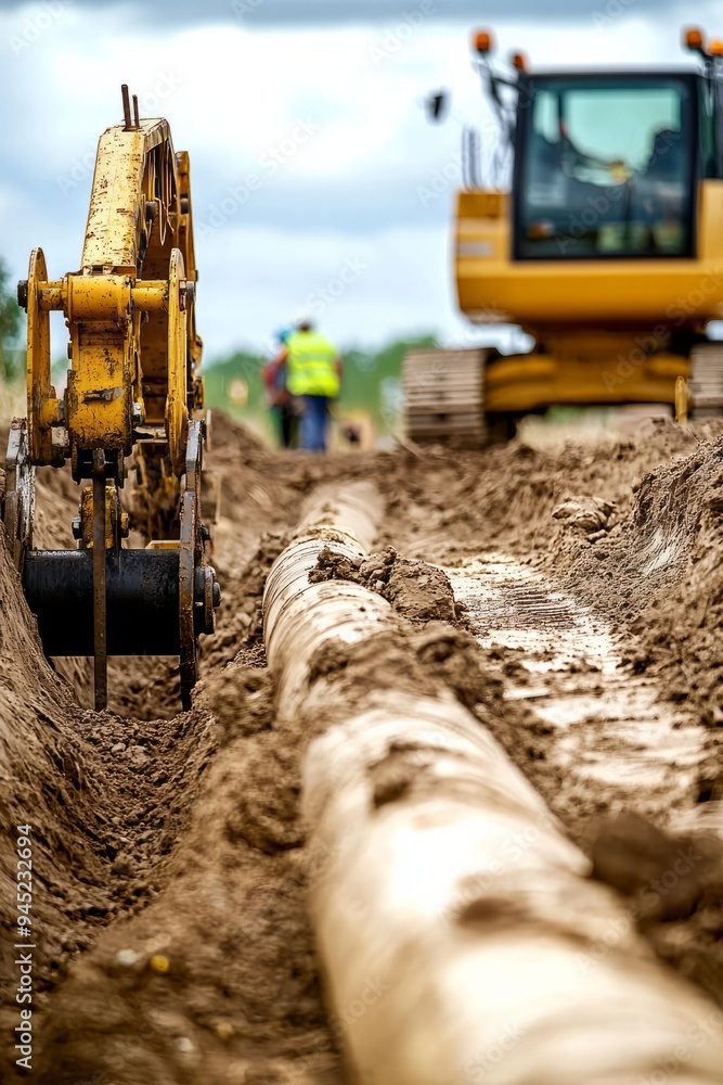 A trencher works on a pipeline project, creating a trench in a ...