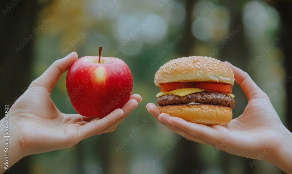 Healthy vs Unhealthy Food Choices: Hand Holding Fresh Apple and Burger ...