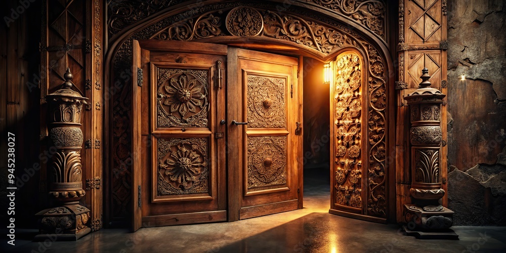1. A warm, coffee brown wooden antique door with intricate carvings ...