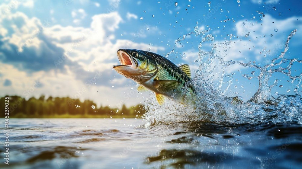 photograph of Close up of Fish jumping over the surface water in lake ...
