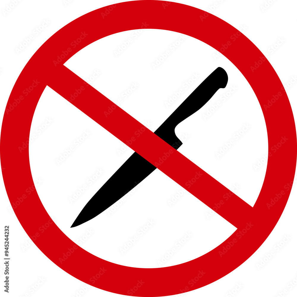 Red, white and black colored prohibition sign no knives allowed beyond ...