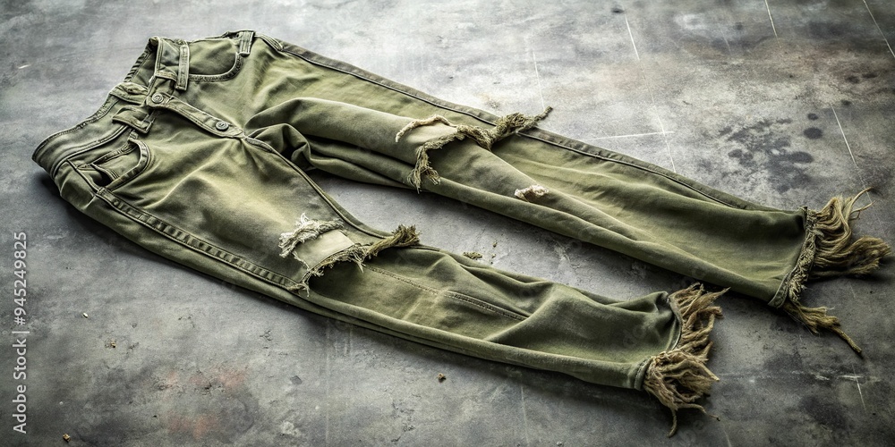 5. Distressed olive green denim jeans with frayed hems and ripped knees ...