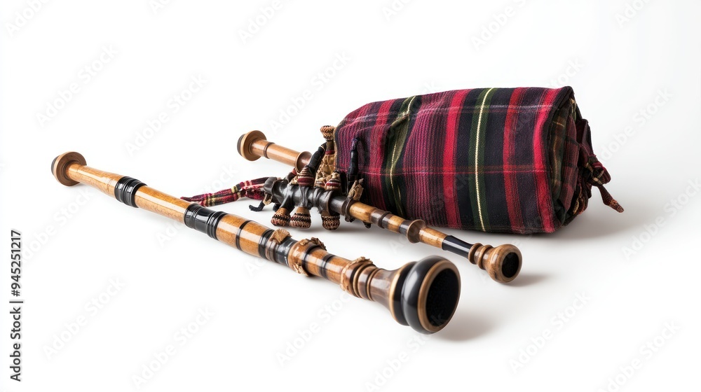 Scottish bagpipe, complete with its drones, chanter, and tartan bag ...
