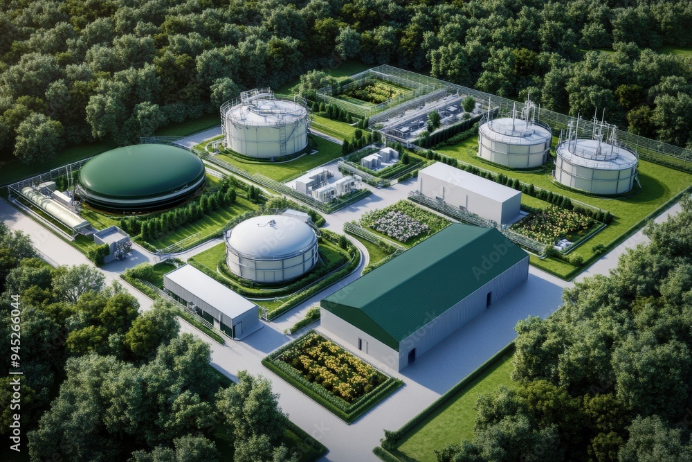 Biogas-powered farm featuring visible methane gas storage tanks and ...