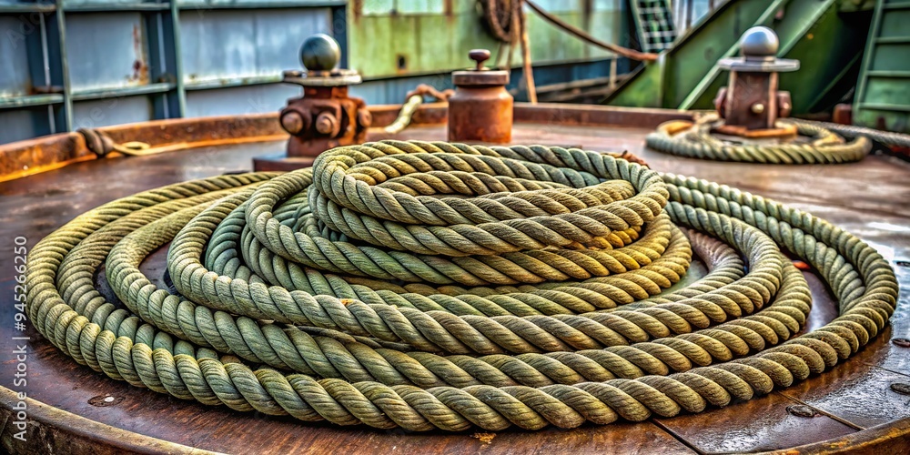 7. Olive drab rope coils neatly on the deck of a naval vessel ...