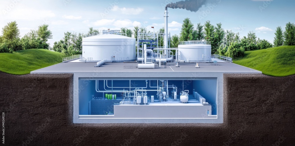 Cross-section diagram of a biogas plant highlighting the methane gas ...