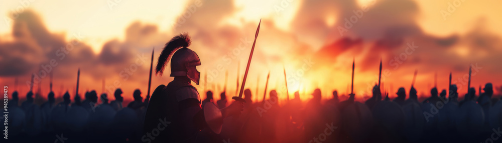 Warrior leading an ancient army at sunrise, historical battle scene ...