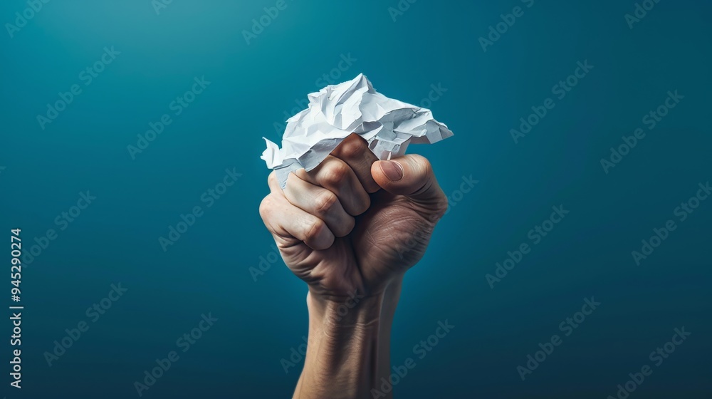 close-up of a hand tightly holding crumpled paper in a fist, isolated ...
