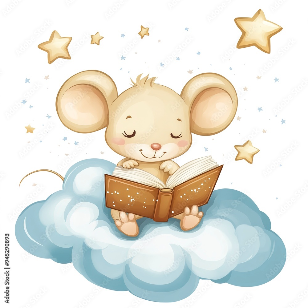 cute mouse reading a book on a cloud, in the clipart style, white ...