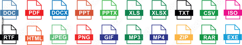 Document icon set, file type vector in various file formats including ... Document icon set, file type vector in various file formats including ...